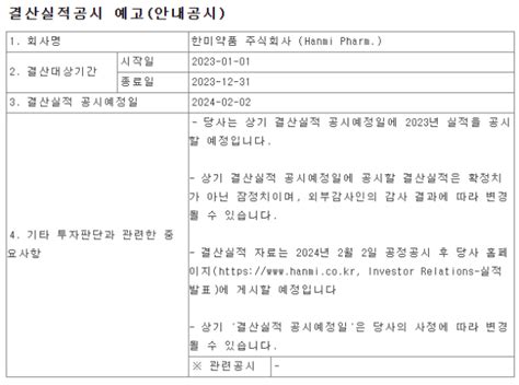 한미약품 결산실적공시 예고 안내공시 기업설명회 Ir 개최 안내공시 팜스탁