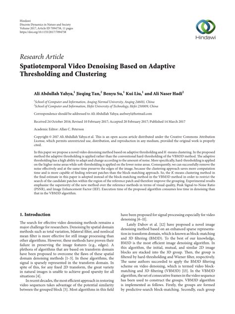 Pdf Spatiotemporal Video Denoising Based On Adaptive Thresholding And