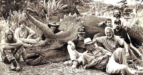Steven Spielberg Sam Neill Stan Winston And Crew With A Triceratops