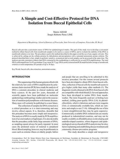 Pdf A Simple And Cost Effective Protocol For Dna Isolation From Buccal Epithelial Cells