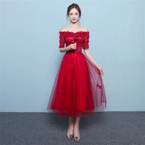 Half Sleeves Tea Length Medium Long Evening Dresses Burgundy Lace