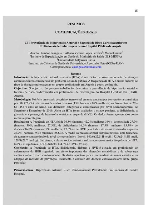 Pdf Prevalência Da Hipertensão Arterial E Factores De Risco