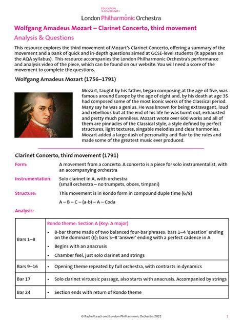 Lpo Gcse Resource Mozarts Clarinet Concerto Analysis Questions Pdf