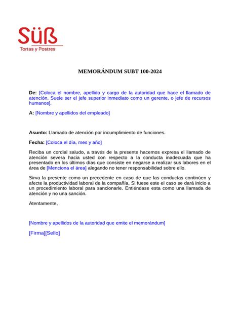 Modelo De Memorandum De Llamada De Atención Por Incumplimiento De