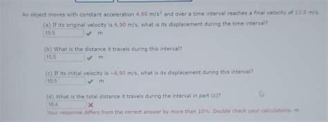 Solved Object Moves With Constant Acceleration 4 60 M S2 And Chegg Com