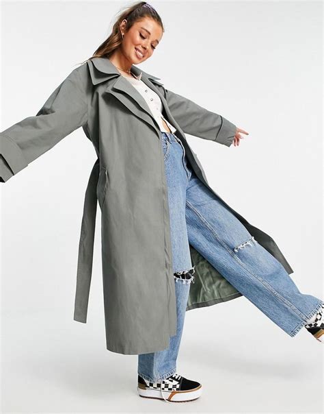 Asos Design Double Layer Trench Coat In Charcoal Asos Trench Coat