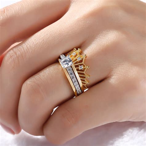 Jeulia Zweifarbig Krone Rundschliff Sterling Silber Ringe Set