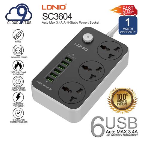 Ldnio Sc3604 Power Strip 3 Universal Socket With 6 Usb Output 3 4a And 2m Uk Plug Shopee Malaysia