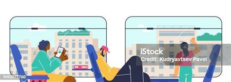 지하철 열차에서 의자에 앉아 있는 사람들 흑인 여성이 스마트폰을 사용하고 있는 소녀 창밖을 내다보는 소녀 남성이 쉬고 있는 벡터 일러스트레이션 가방에 대한 스톡 벡터 아트