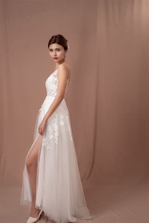 Beach Wedding Dress Spagetti Straps V Neck Low Back Split A Line Bridal