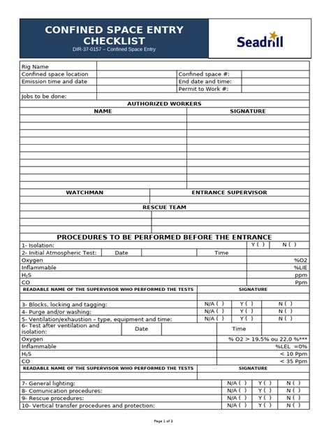Confined Space Entry Checklist En Brazil Region Only Pdf Occupational Safety And Health