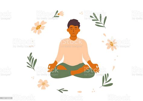 마음 챙김 명상 또는 야외 연습 요가의 벡터 일러스트 와 젊은 남성 명상 연꽃 포즈 젠 스타일에 대한 스톡 벡터 아트 및 기타 이미지 젠 스타일 불교 명상하기