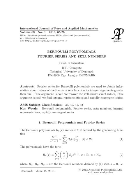 Bernoulli Polynomials Fourier Series And Zeta Numbers Docslib