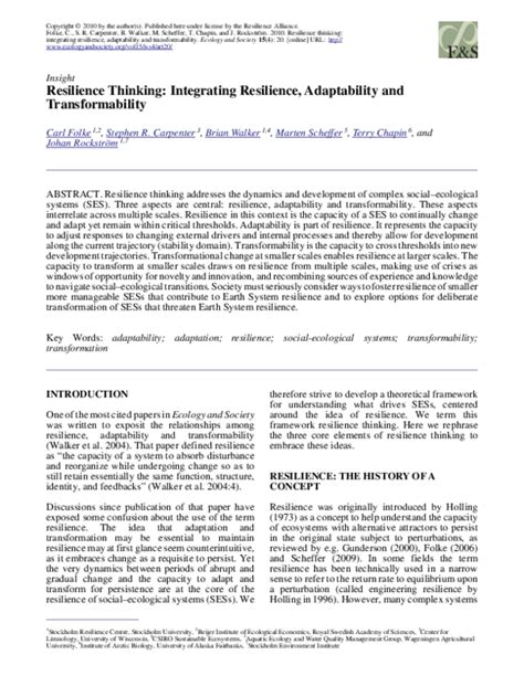 Pdf Resilience Thinking Integrating Resilience Adaptability And Transformability