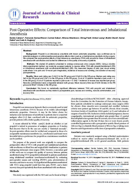 Pdf Post Operative Effects Comparison Of Total Intravenous And Inhalational Anesthesia