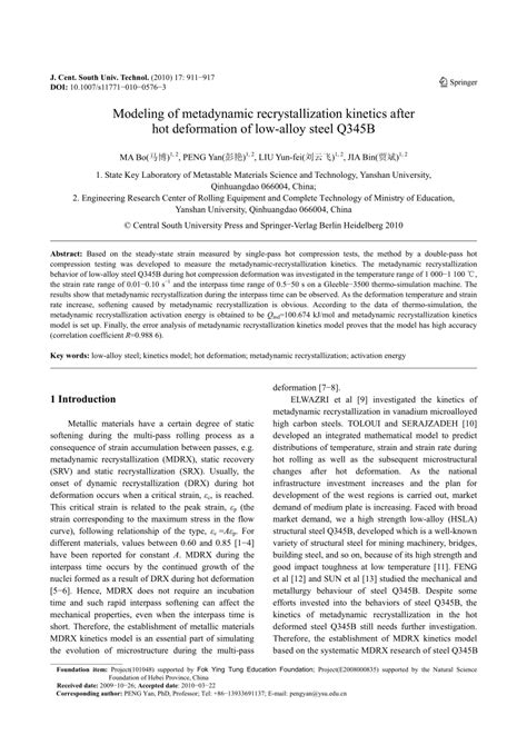 Pdf Modeling Of Metadynamic Recrystallization Kinetics After Hot Deformation Of Low Alloy