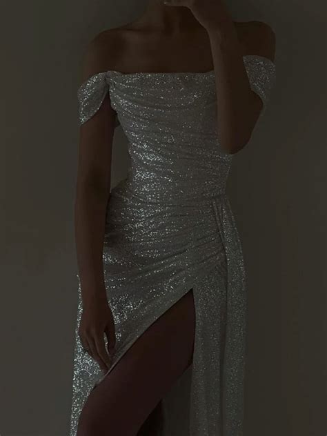 Elegant Sparkly Off Shoulder White Side Slit Sheath Long Prom Dress P