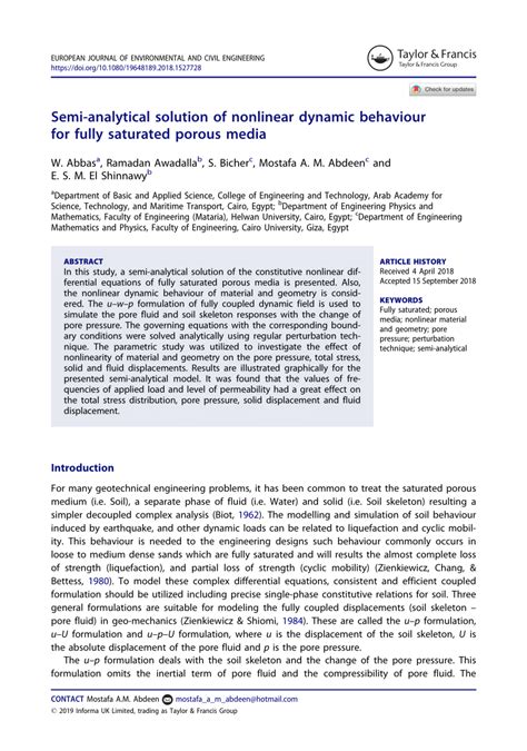 Pdf Semi Analytical Solution Of Nonlinear Dynamic Behaviour For Fully Saturated Porous Media