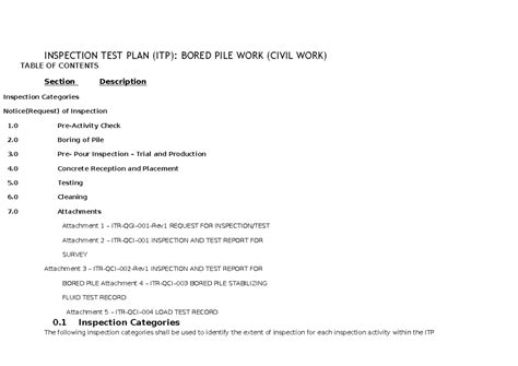 Inspection Test Plan Itp For Bored Pile Work Civil Work Studocu