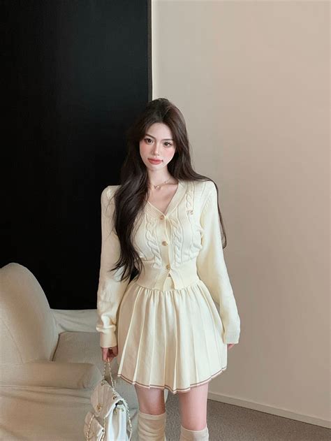 Classy Elegant Chic Fall Autumn Winter Knitted Wool Cardigan Skirt Two