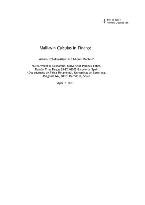 Pdf Malliavin Calculus In Finance
