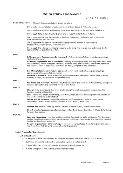 Int108 Syllabus Int108python Programming Course Outcomes Co1