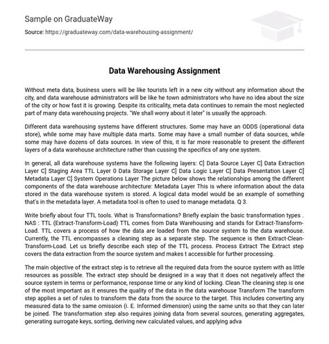 ⇉data Warehousing Assignment Essay Example Graduateway