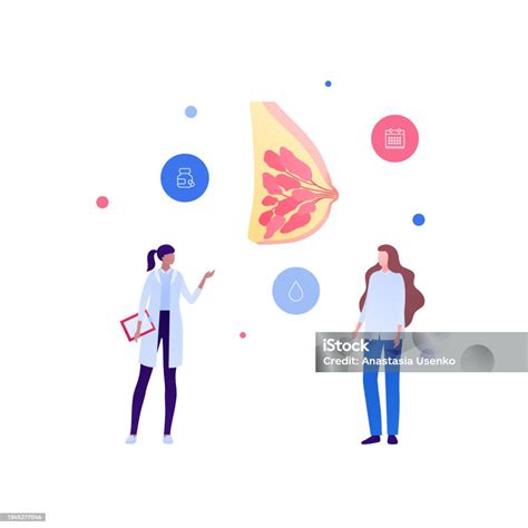 인간 유방암 검진 개념 벡터 플랫 피플 의료 일러스트레이션 여성 의사와 환자 컨설팅 여자 유방 측 단면 기호 의료 종양학 인식 의 달을 위한 디자인 10월에 대한 스톡 벡터