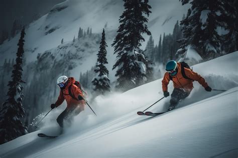 Premium Ai Image Two Skiers Skiing Down A Snowy Mountain