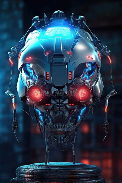 Futuristic Ai Robot Head With Glowing Eyes And Circuits Stock