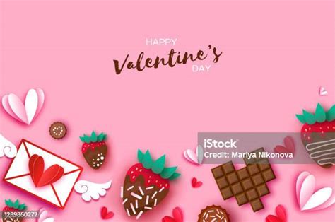 딸기와 초콜릿을 좋아합니다 발렌타인 데이 인사말 카드 하트 종이 컷 스타일 달콤한 디저트 초코 사탕 해피 로맨틱 휴일 텍스트