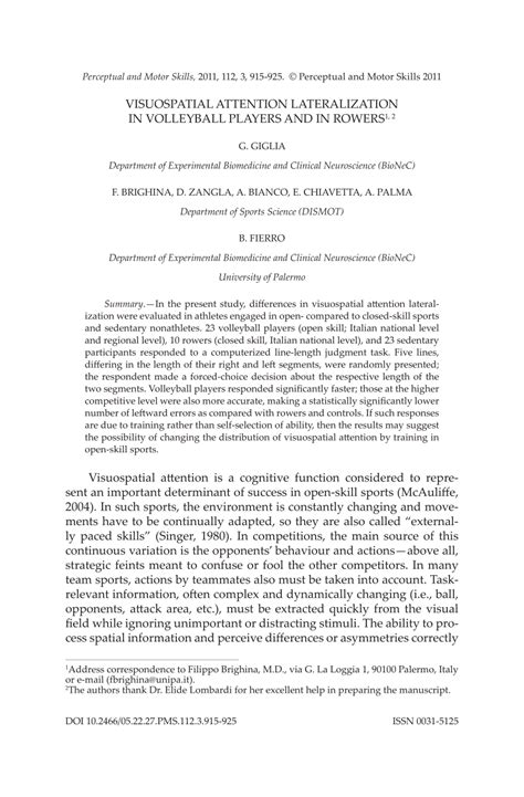 Pdf Visuospatial Attention Lateralization In Volleyball Players And In Rowers