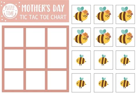 귀여운 아기 꿀벌과 그의 어머니가 있는 벡터 어머니의 날 박하 사탕 발가락 차트 숲 곤충이 있는 휴일 보드 게임 놀이터 아이들을 위한 재미있는 인쇄용 워크시트 Noughts