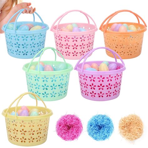 6 Pcs Plastic Easter Baskets With Tricolor Easter Fake Grass Paper Shred Large Easter Egg