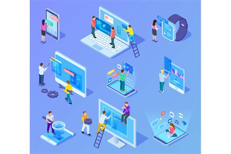 People And App Interfaces Isometric Concept Users And Developers Work By Microvector