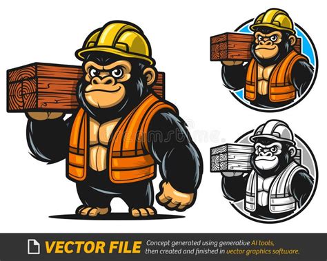 Gorilla Construction Worker Holding Wood Block Vector Illustration