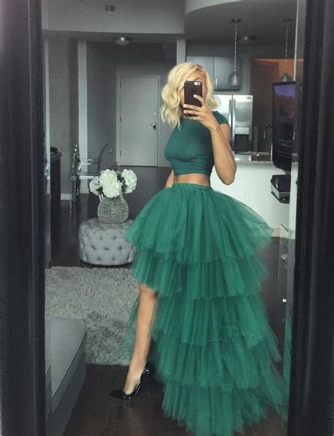 Oyemwen Tiered High Low Tulle Maxi Tutu Skirt Green And Shirt Set Tulle Skirts Outfit Cheap