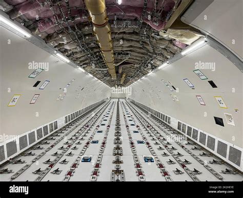 Cargo Airplane View Inside The Main Deck Cargo Compartment On A Freshly Converted Wide Body