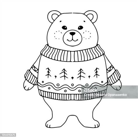 낙서 또는 보헤미안 스타일의 스웨터에 테디 베어 간단한 스케치 라인 아트 흰색 배경에 격리된 겨울 벡터 일러스트레이션입니다 12