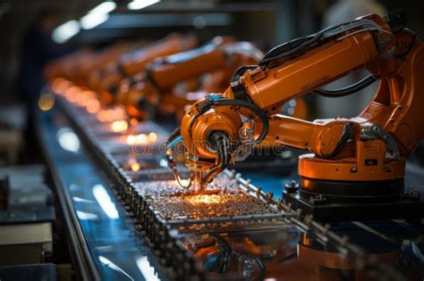 Automated Robots Efficiently Manufacturing Microcircuits In A High Tech Factory Environment