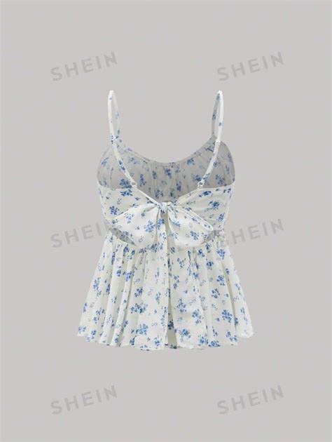 Shein Mod Ditsy Floral Ruched Bust Fake Button Tie Back Summer Ruffle