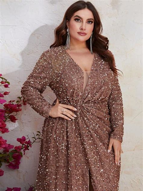 Fniseti Plus Plunging Neck Split Thigh Sequin Formal Dress Shein Usa