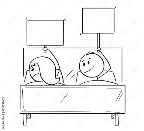 Cartoon Stick Drawing Conceptual Illustration Of Couple In Bed Man Offering Something Probably