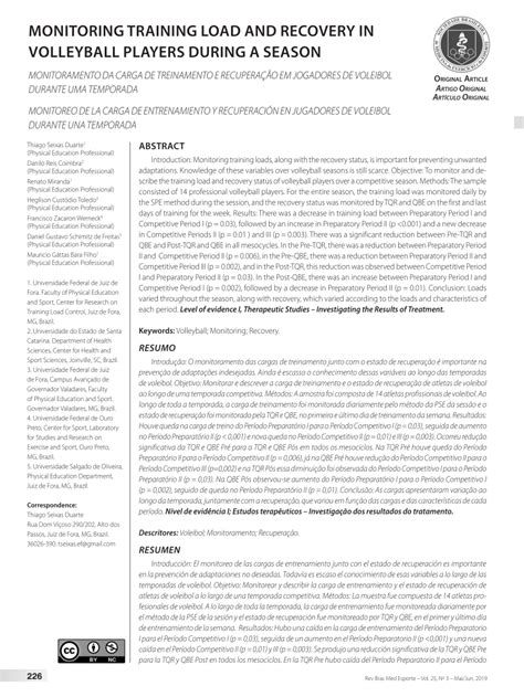 PDF MONITORING TRAINING LOAD AND RECOVERY IN VOLLEYBALL PLAYERS DURING A SEASON