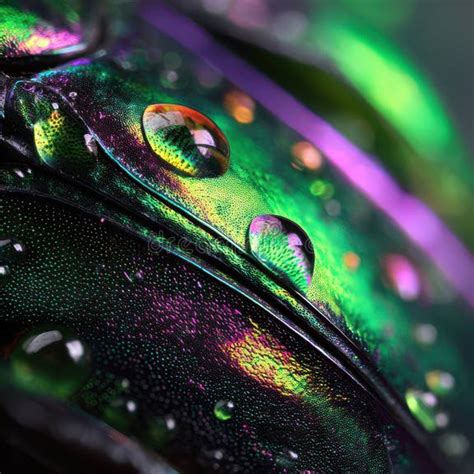 Macro Close Up Of Iridescent Beetle Shell With Water Droplets Stock