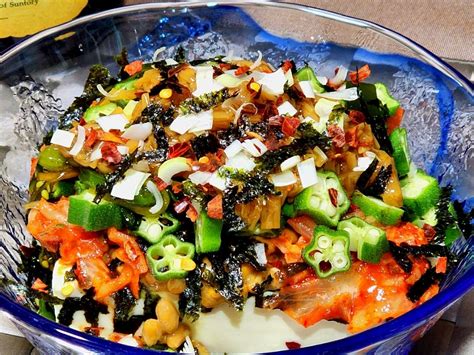 納豆めかぶキムチなめ茸オクラ海苔ネギ 冷や奴 ♪ 燃える 美食 ♪