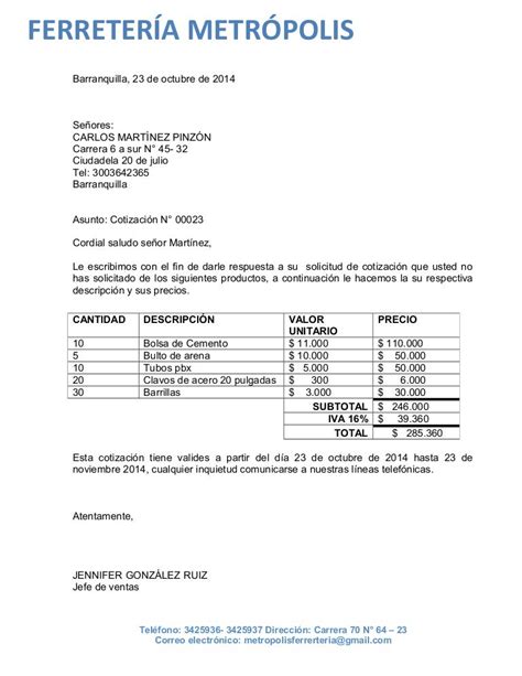 Ejemplo Modelo De Carta De Solicitud De Cotizacion De