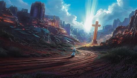 Solitary Figure Before A Cross Bathed In Sunlight In Rugged Valley