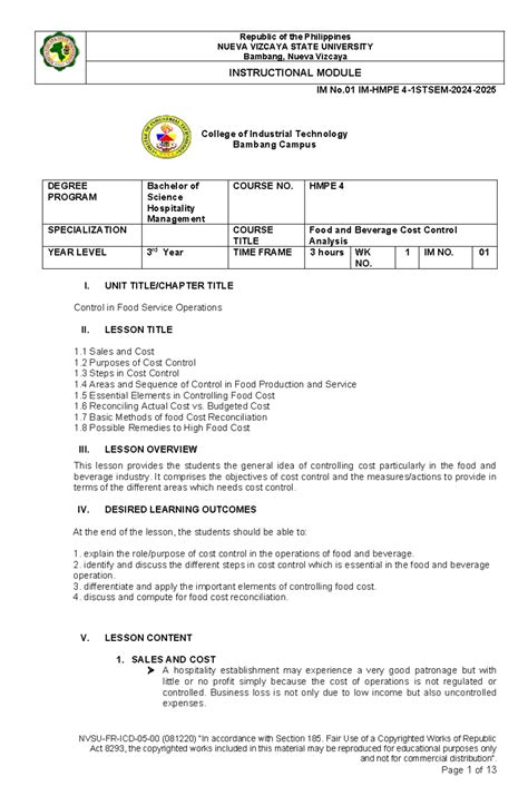 Im 01 Cost Control 1 Cost Control Module 1 Nueva Vizcaya State