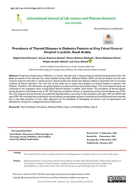 Pdf Prevalence Of Thyroid Diseases In Diabetics Patients At King Fahad General Hospital In